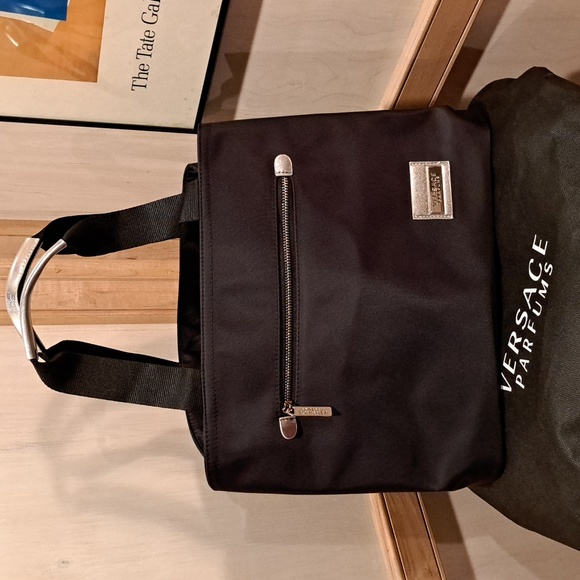 Versace | Bags | Versace Parfums Black And Silver Tote With Dust Bag ...
